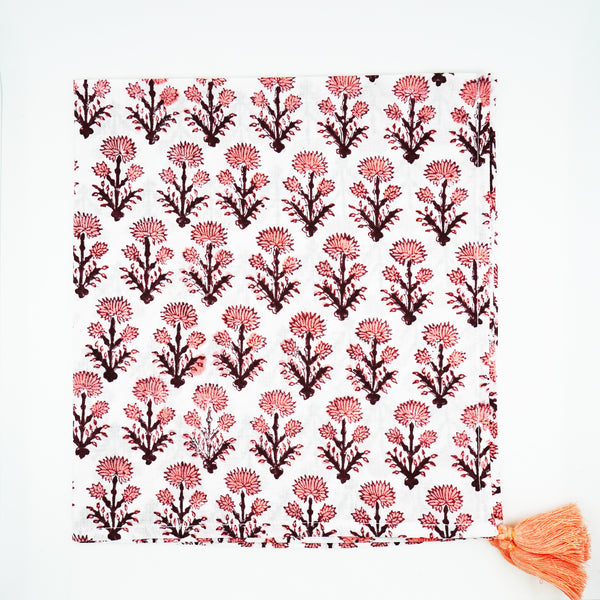 Coral Kiss Tree Block Print Tassel Napkins, Set of 4 - Decorate Lane